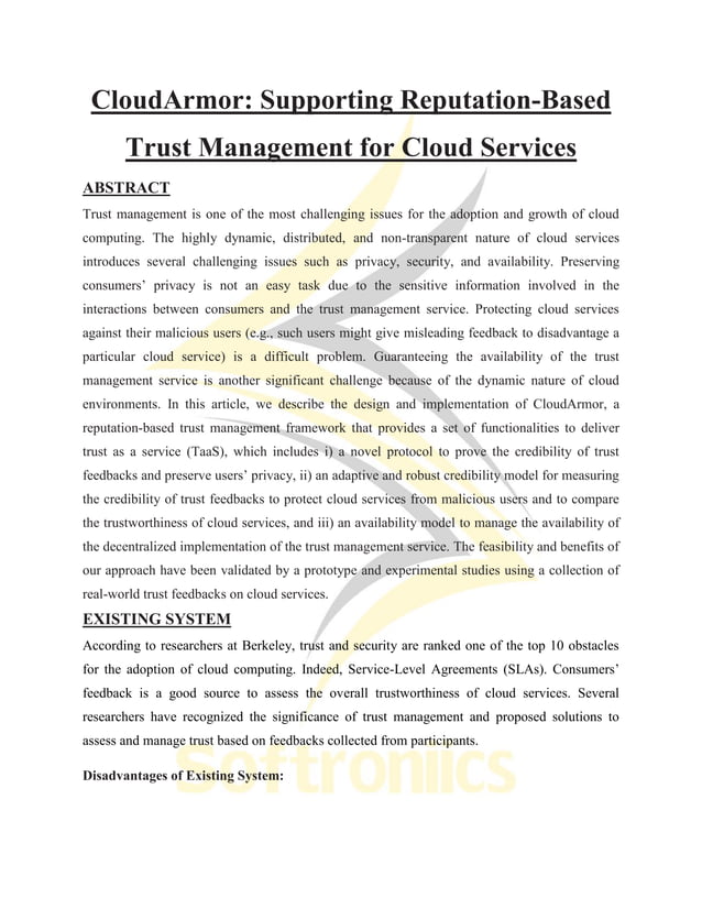 Cloud armor:Supporting Reputation-Based Trust Management for Cloud Service | PDF | Cloud ...
