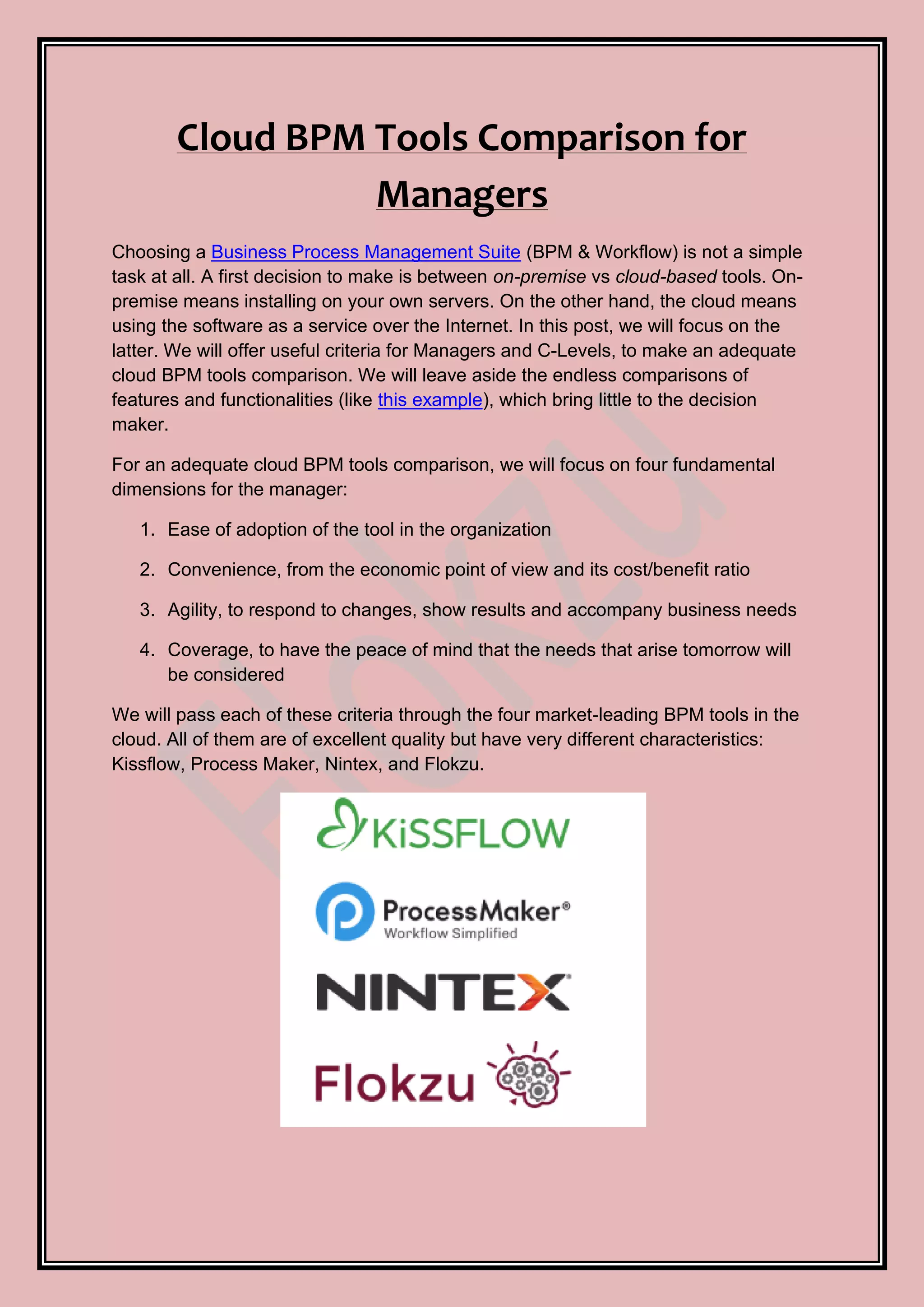 Cloud BPM Tools Comparison for Managers | PDF
