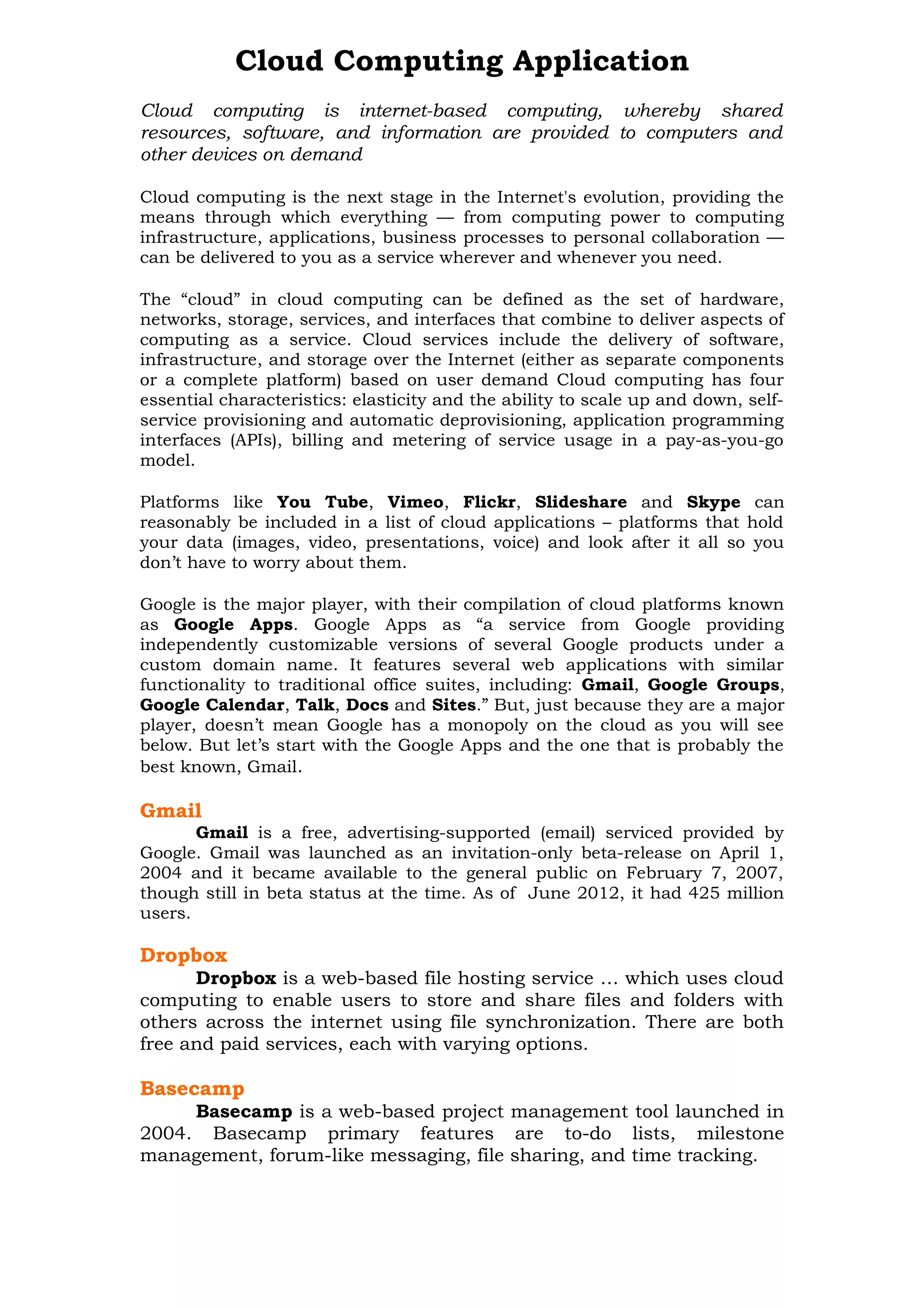 Cloud computing application | DOC | Cloud Computing | Internet