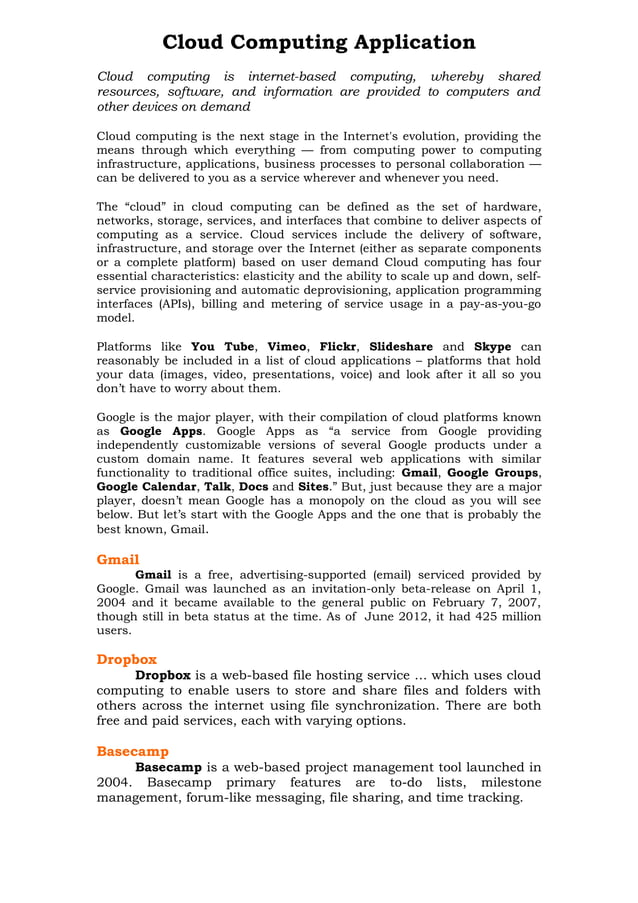 Cloud computing application | DOC | Cloud Computing | Internet