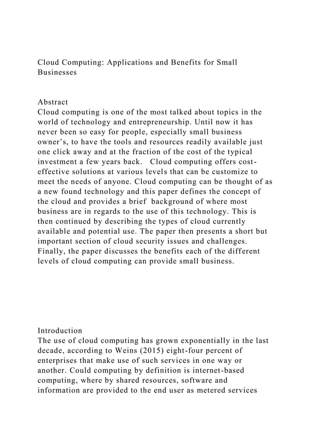 Cloud Computing Applications And Benefits For Small Businesses Docx