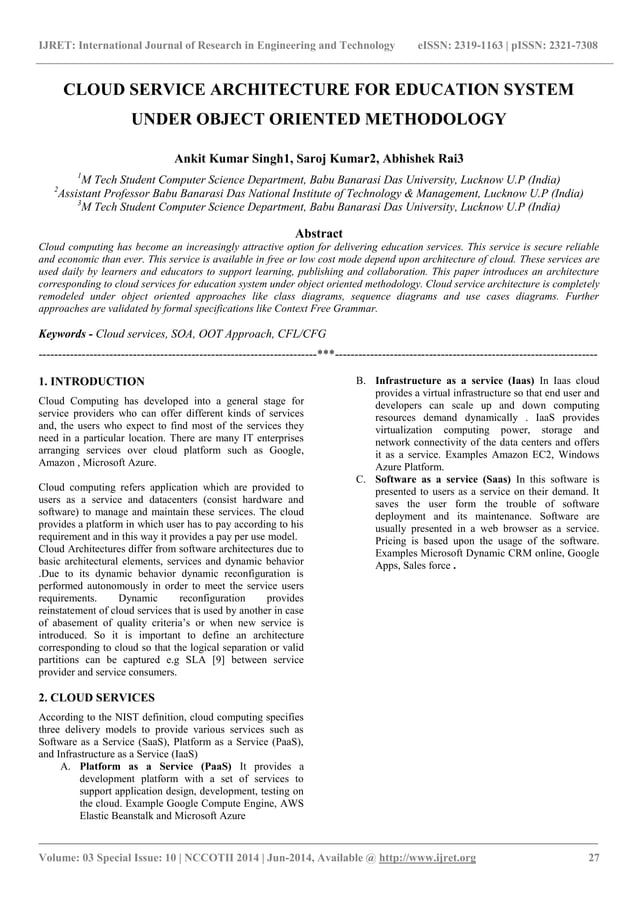 Cloud Service Architecture For Education System Under Object Oriented Methodology Pdf
