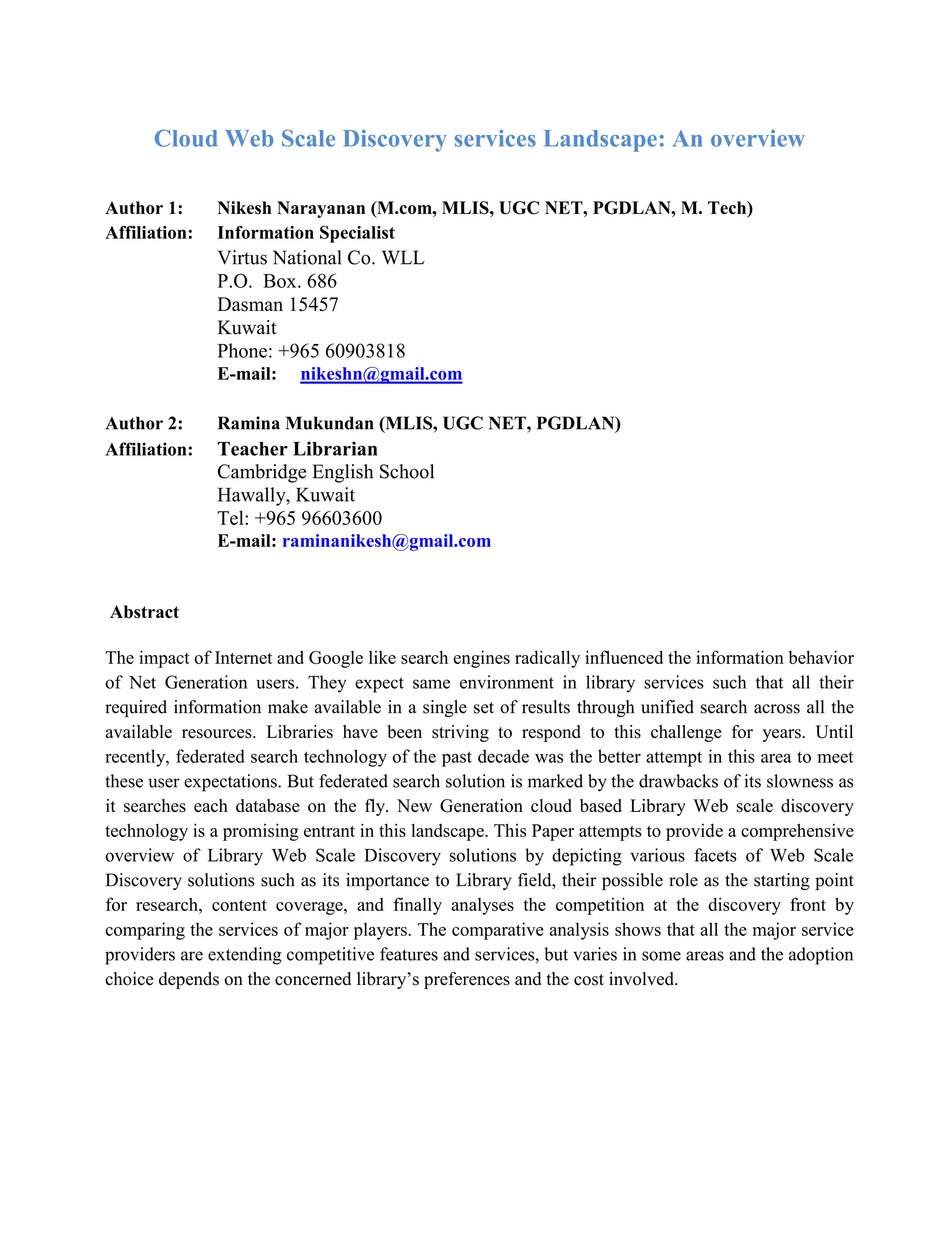 Cloud web scale discovery services landscape an overview | PDF