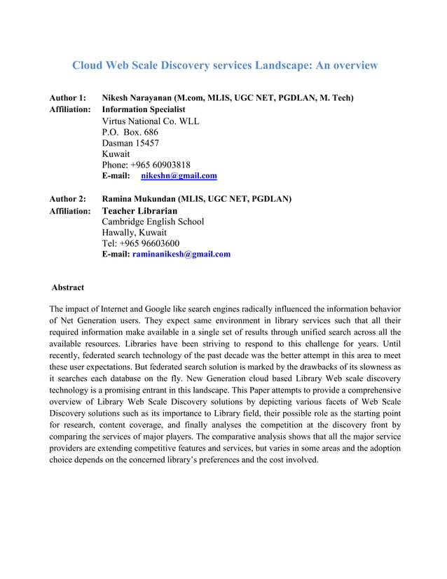 Cloud web scale discovery services landscape an overview | PDF