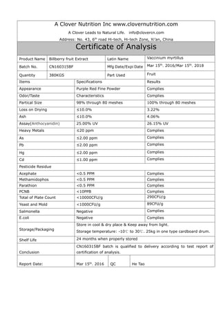 (Clover™) coa billberry fruit extract | PDF | Chemistry | Science