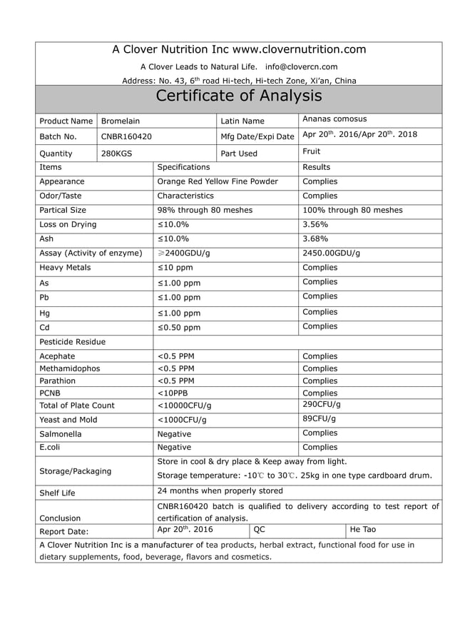 (Clover™) coa bromelain | PDF | Chemistry | Science