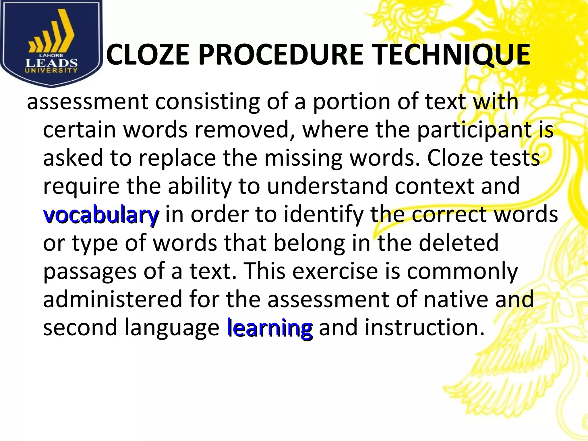 Cloze procedure technique in reading and listening comprehension | PPT