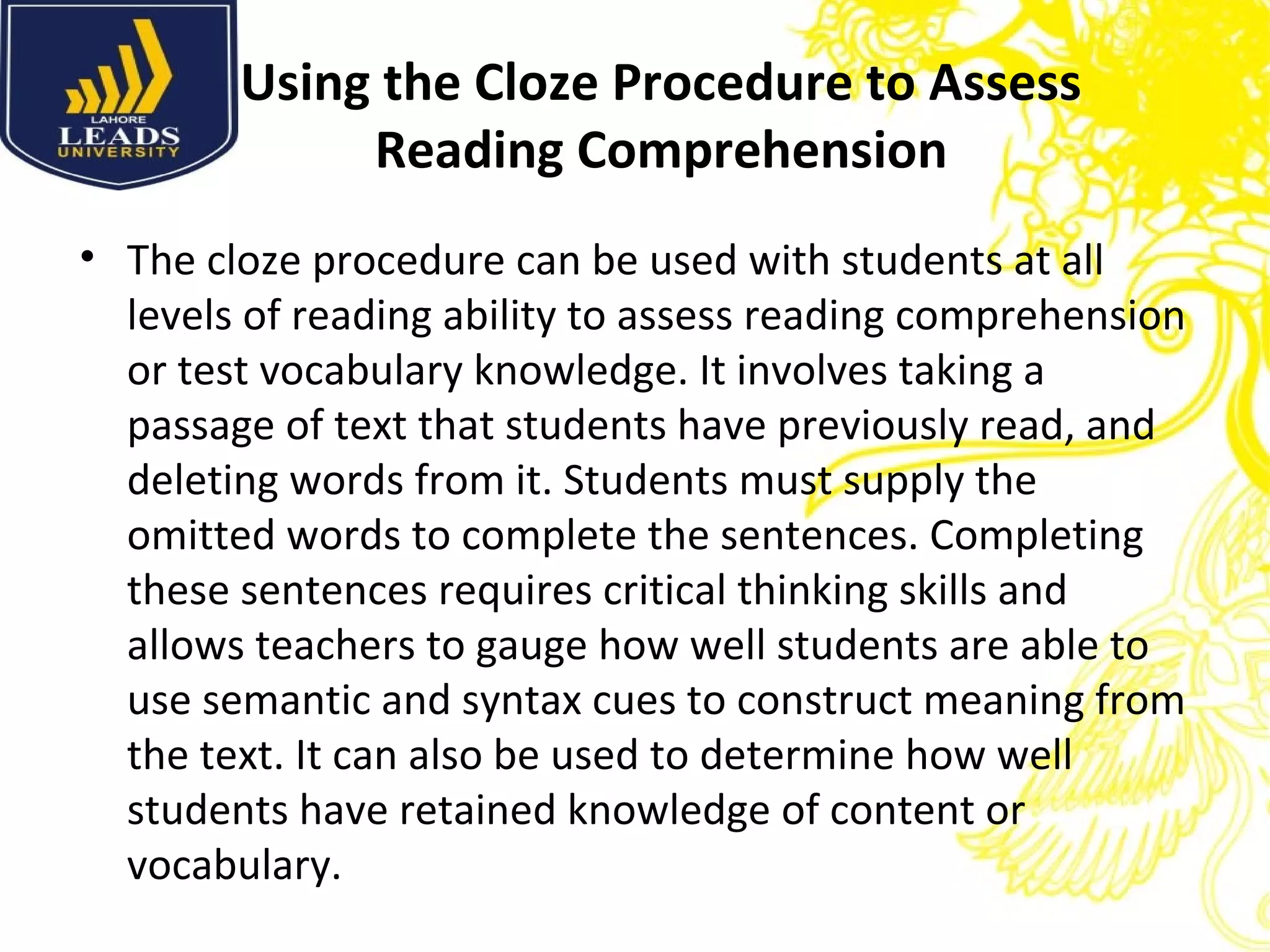 Cloze procedure technique in reading and listening comprehension | PPT