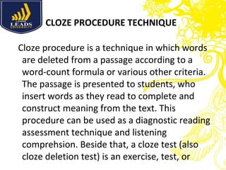 Cloze procedure technique in reading and listening comprehension | PPT