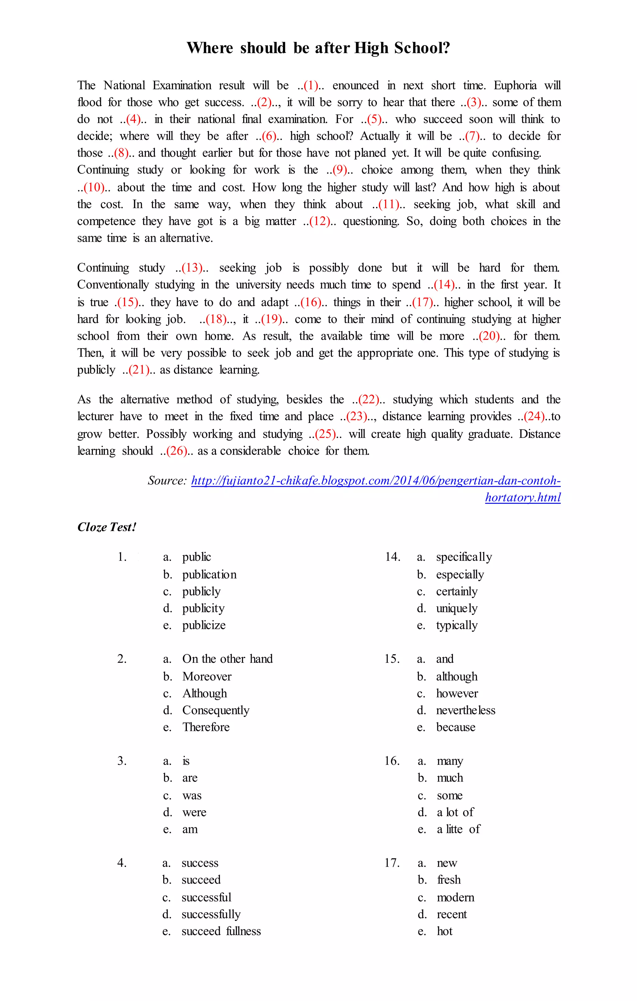 The Example of Cloze Test | DOCX | Educational Assessment | Education