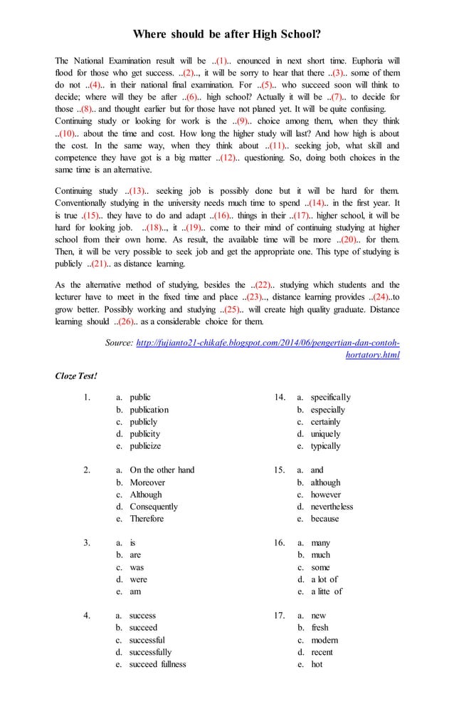 The Example of Cloze Test | DOCX