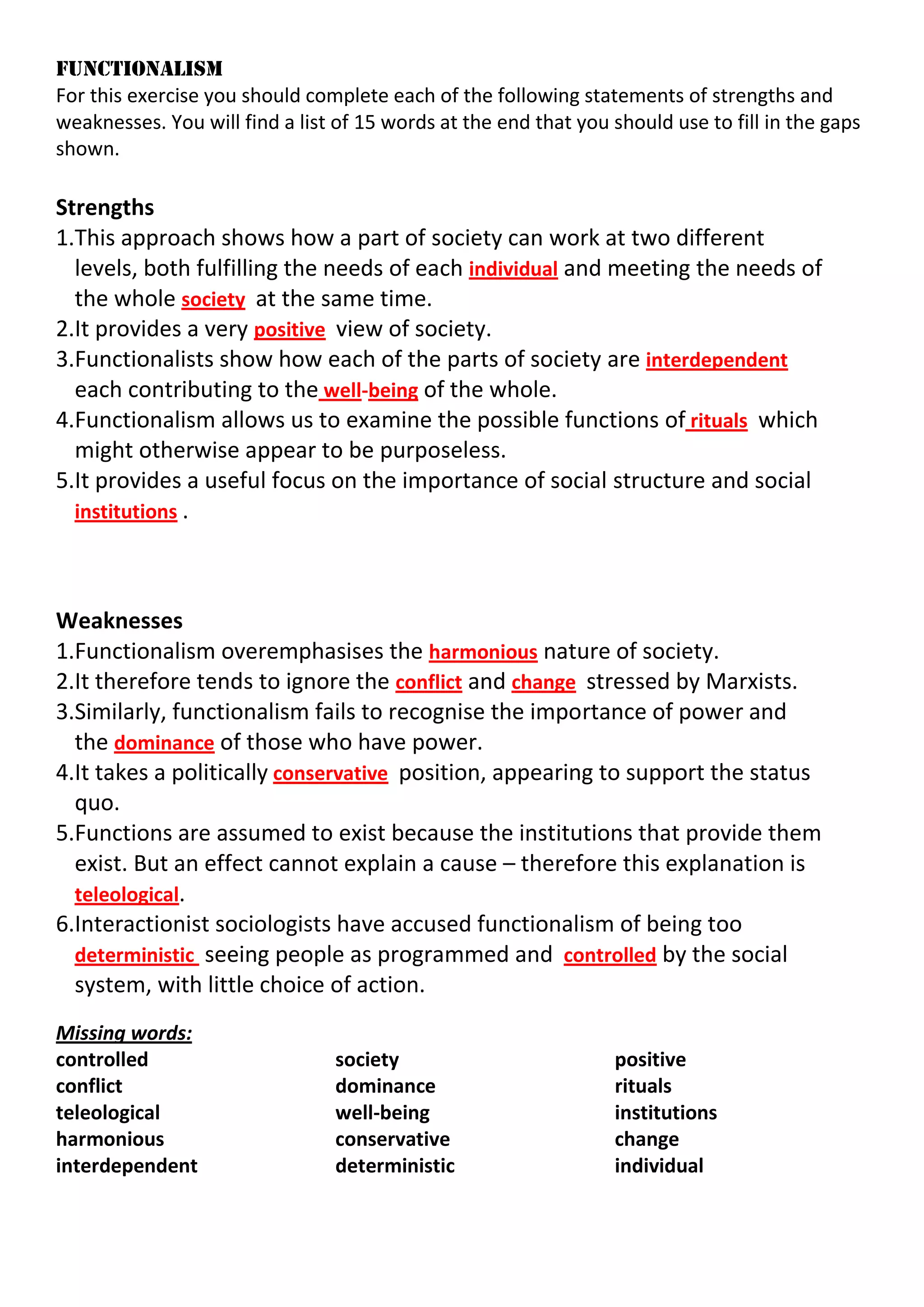 11 Functionalism: Cloze test exercise solution | DOCX