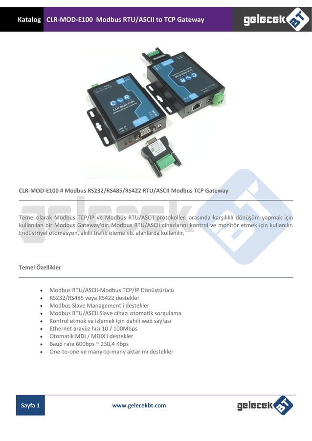 Modbus RTU to TCP CLR-MOD-E100 GelecekBT | PDF