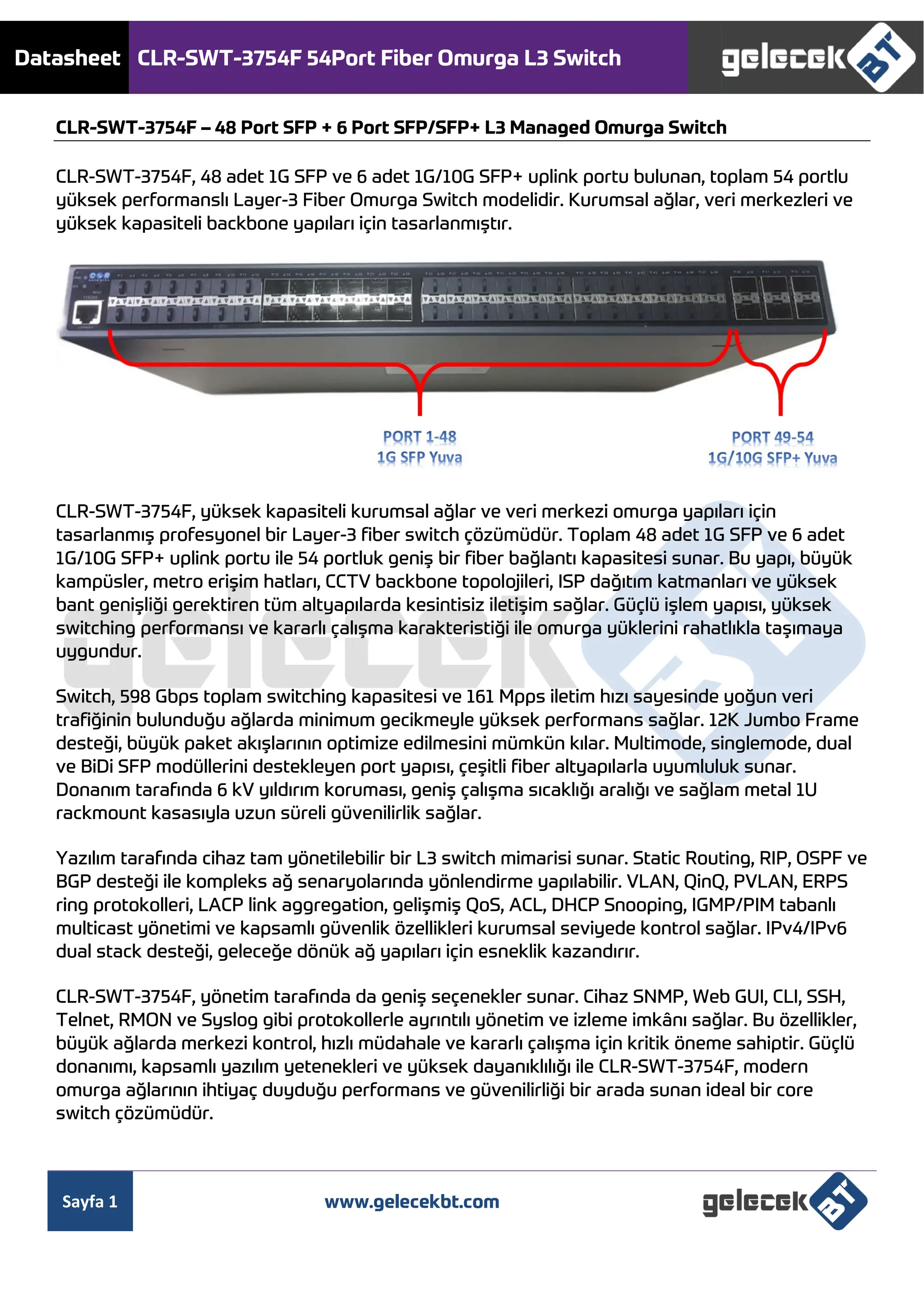 CLR-SWT-3754F – 48 Port SFP + 6 Port SFP/SFP+ L3 Managed Omurga Switch | PDF