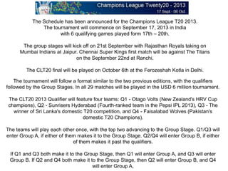 Clt20 2013 fixtures and schedule | PDF | Cricket | Sports