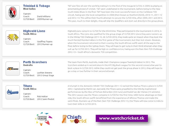 Clt20 2013 fixtures and schedule | PDF | Cricket | Sports