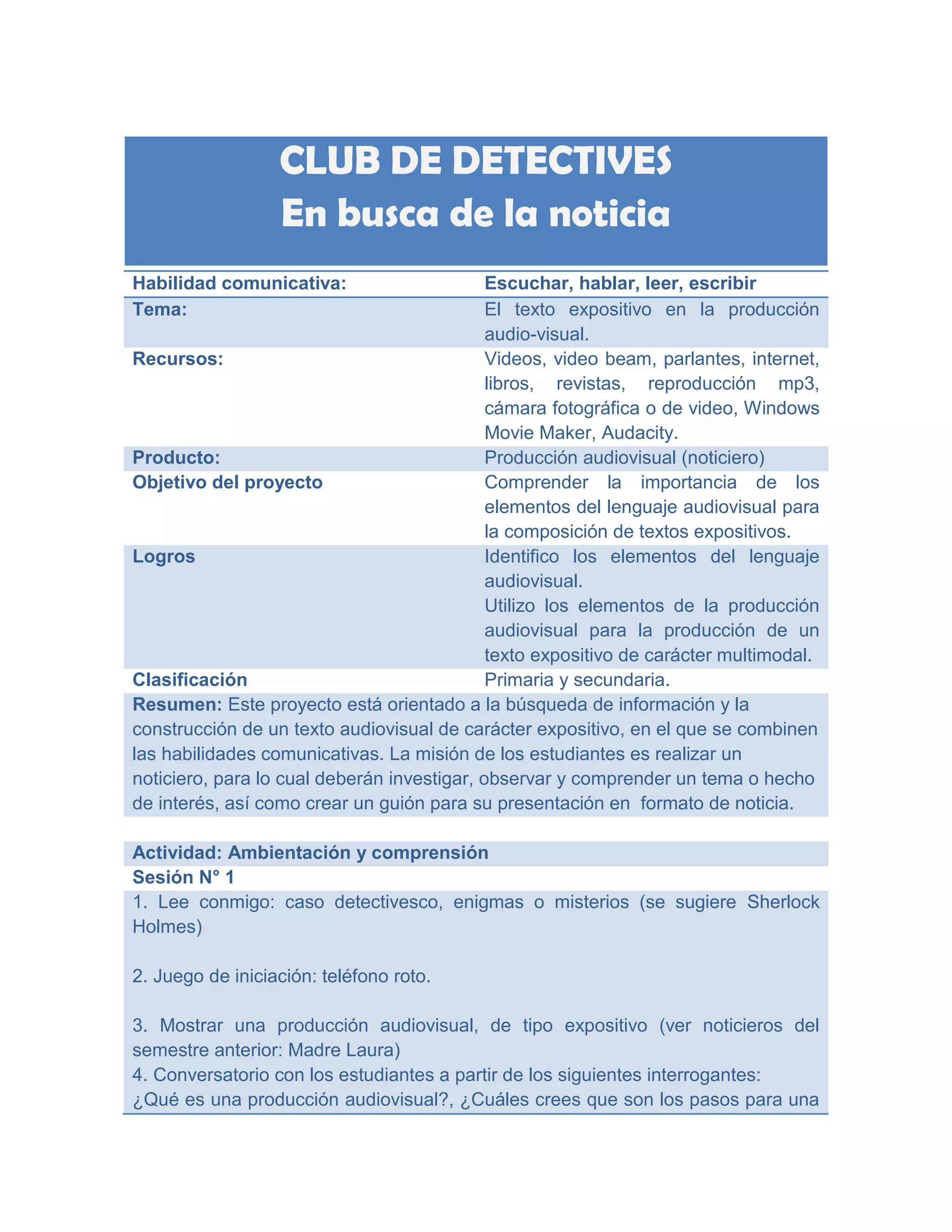 Club de detectives secuencia didáctica | PDF