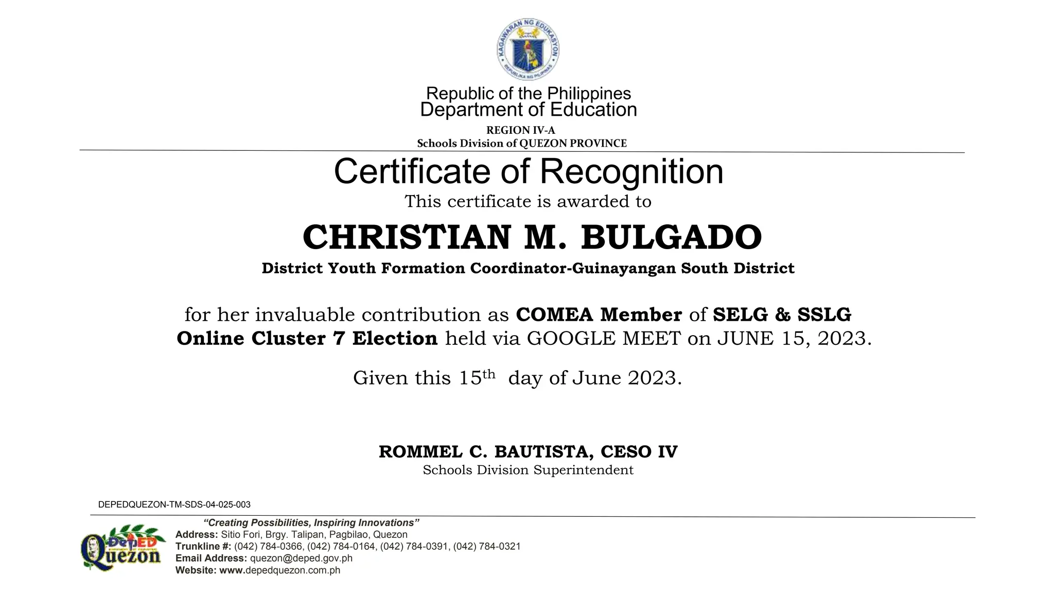 cluster SSLG election 2024 in division of | PPTX