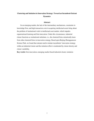 Clustering and Imitation in Innovation Strategy: Toward an Incumbent-Entrant Dynamics | PDF