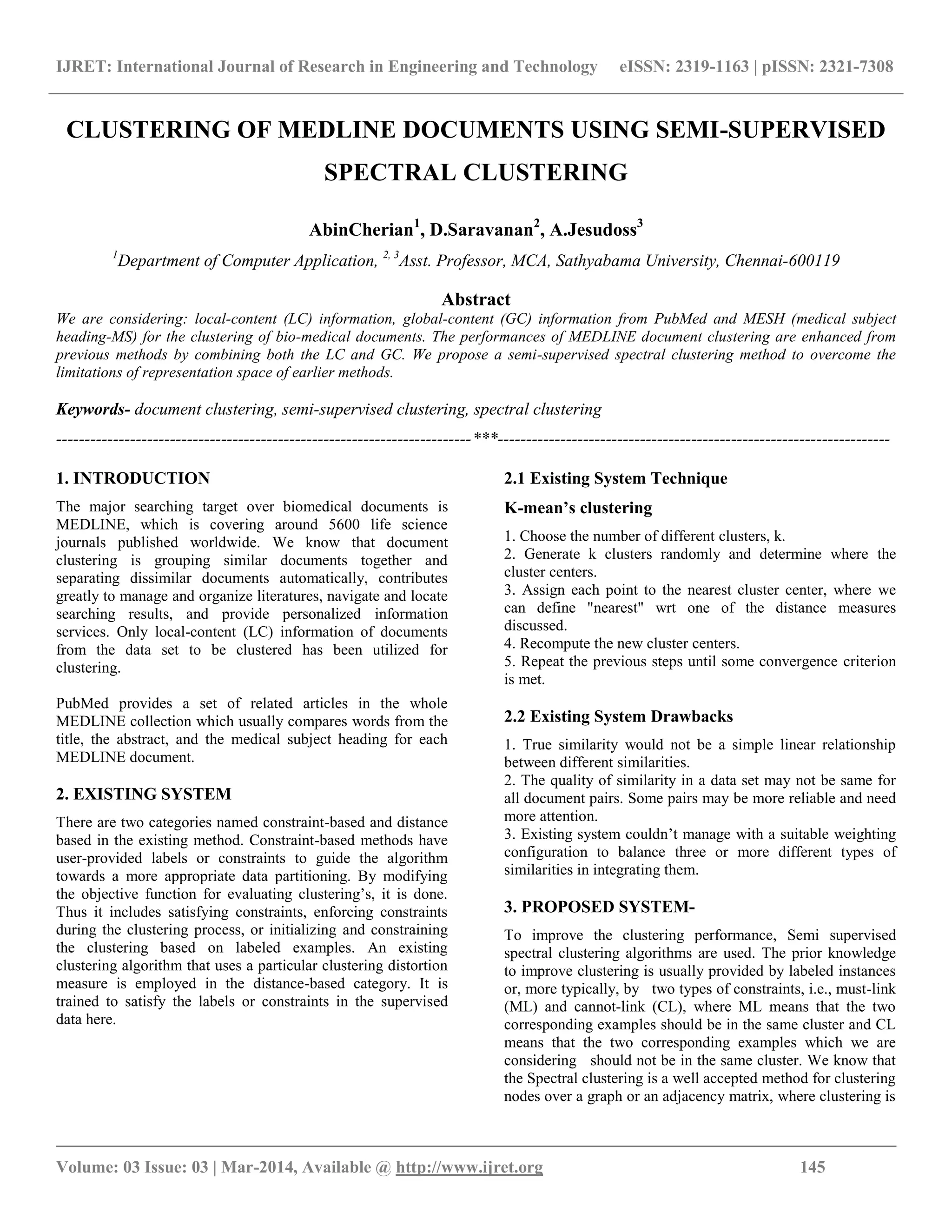 Clustering Of Medline Documents Using Semi Supervised Spectral