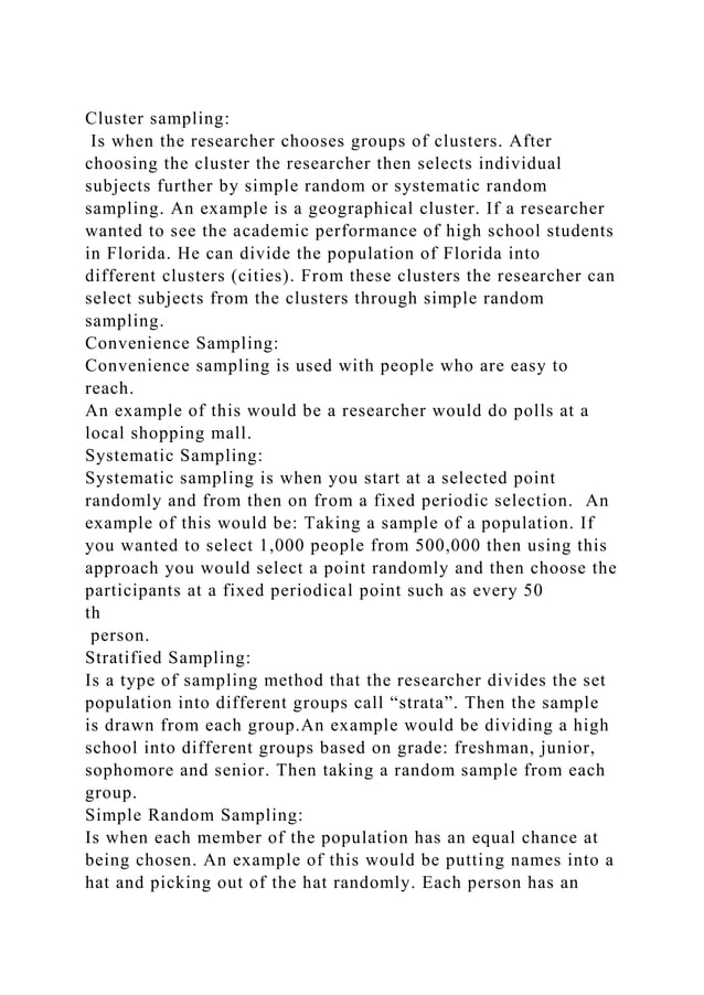 Cluster sampling Is when the researcher chooses groups of cluster.docx | Science