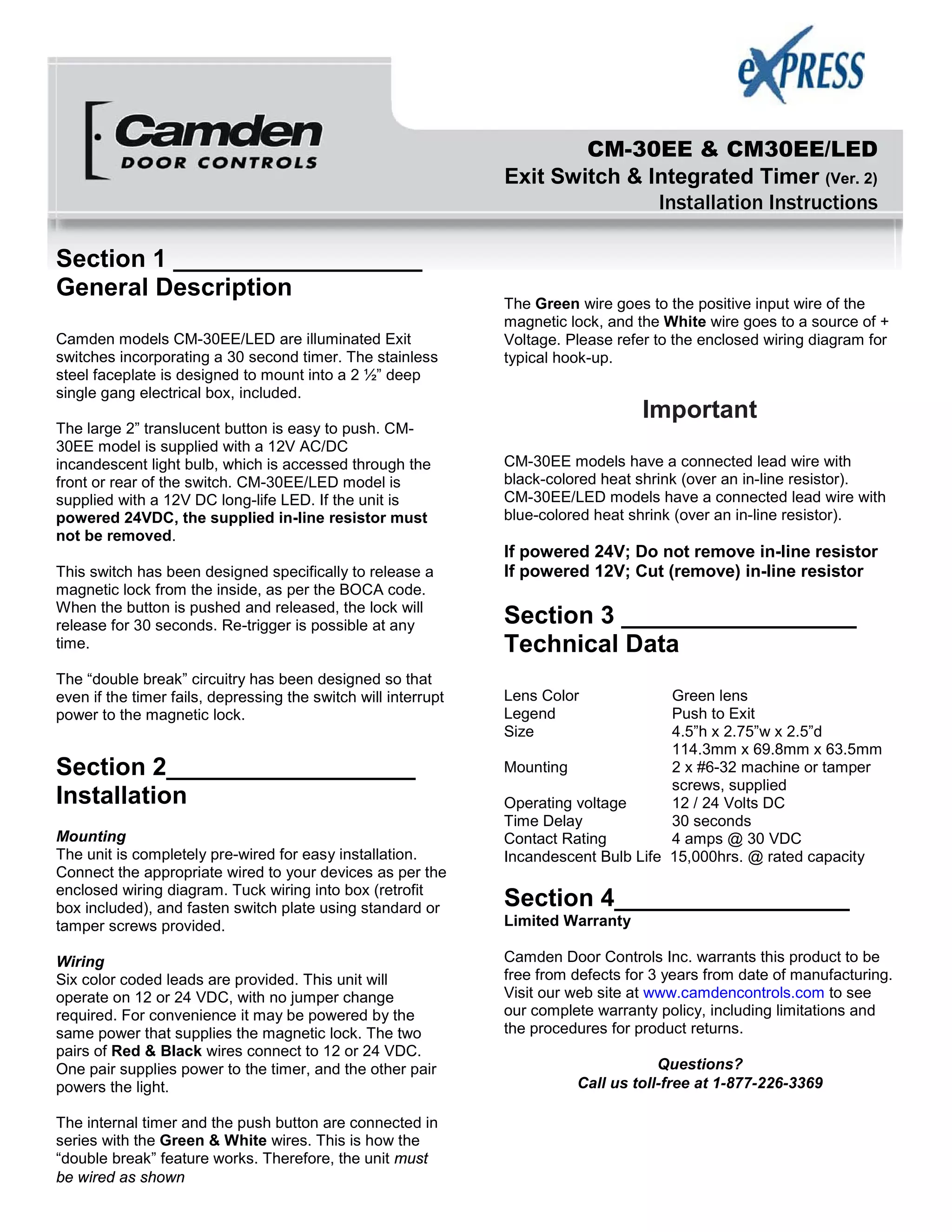 Camden CM-30EE-LED Instruction Manual | PDF