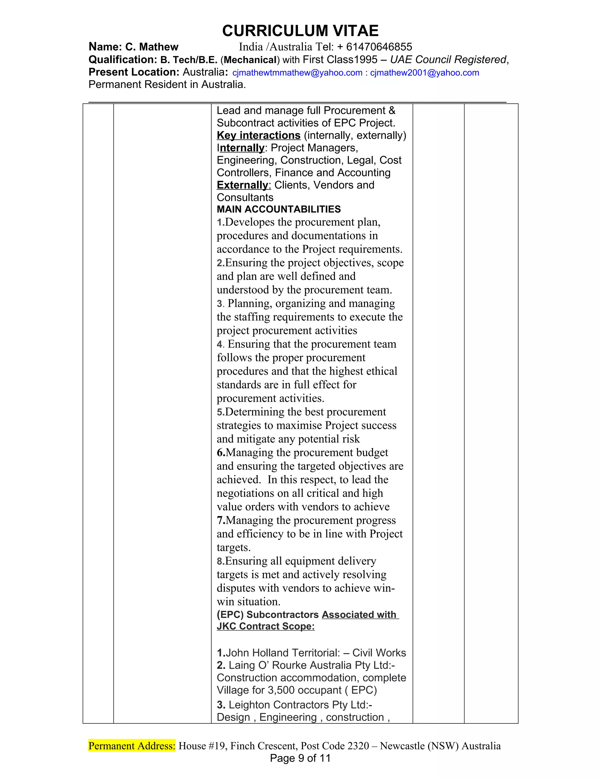 Manager Procurement & Subcontract | PDF