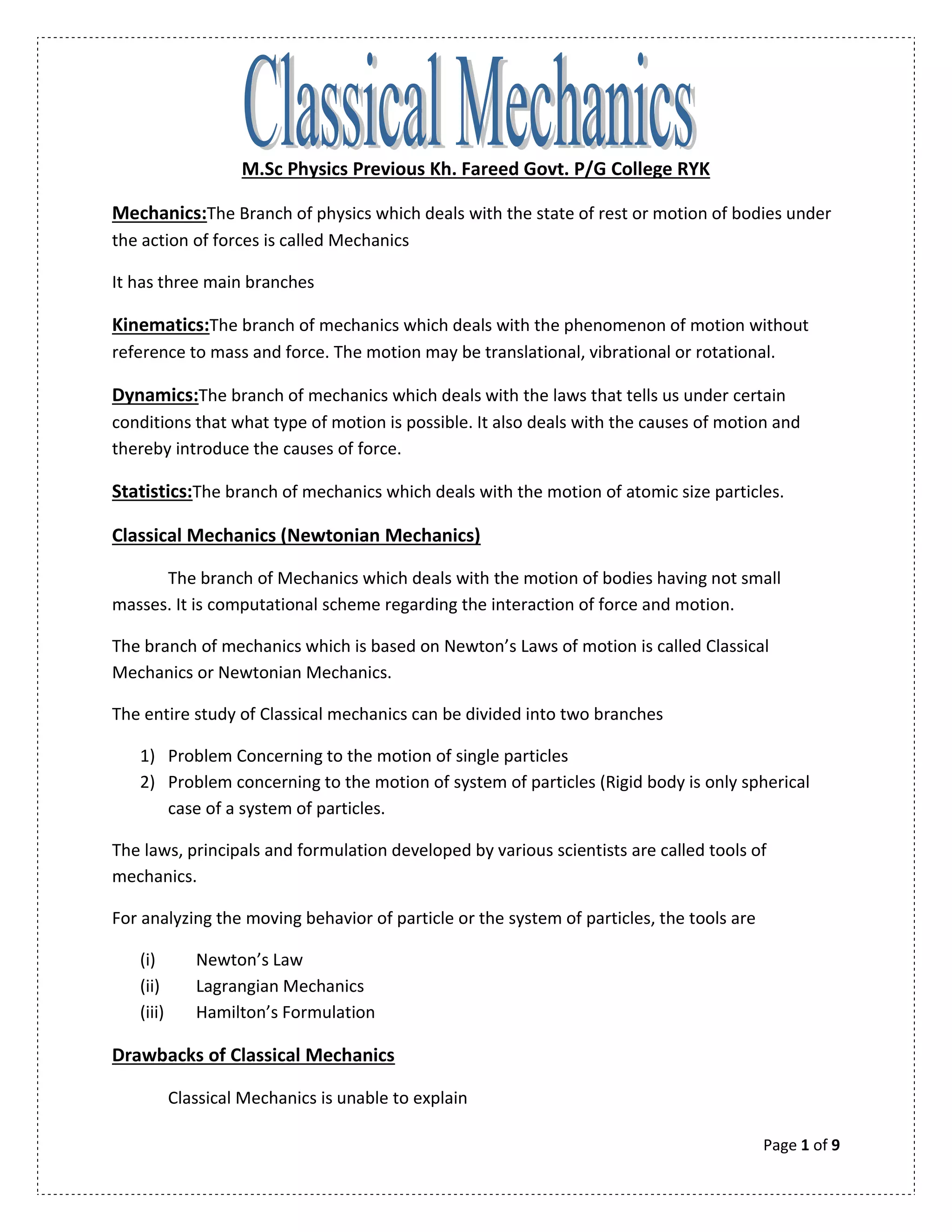 Cm 1 Classical Mechanics By Goldstein | PDF