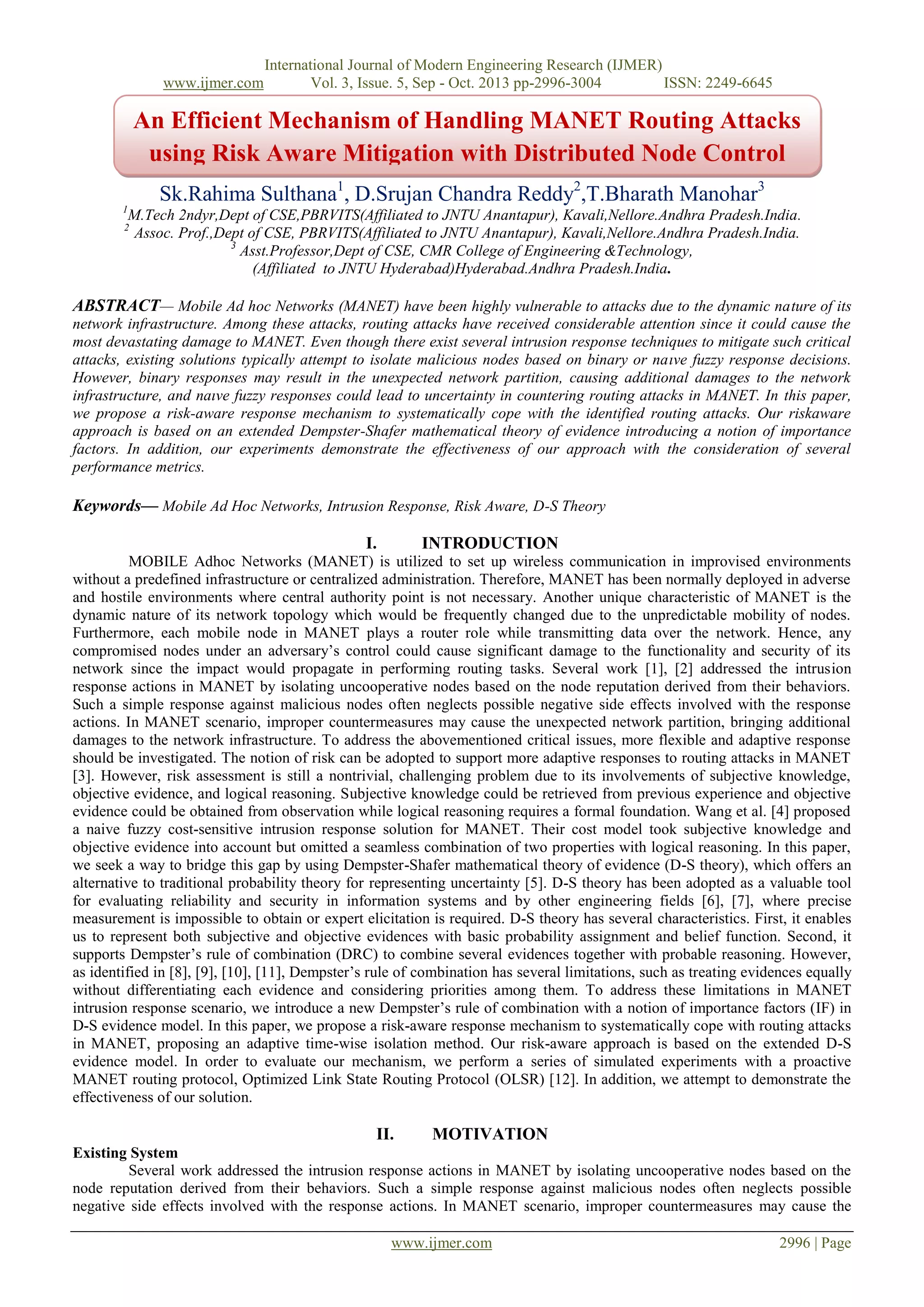 An Efficient Mechanism of Handling MANET Routing Attacks using Risk Aware Mitigation with ...