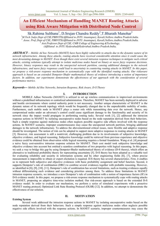 An Efficient Mechanism of Handling MANET Routing Attacks using Risk Aware Mitigation with ...