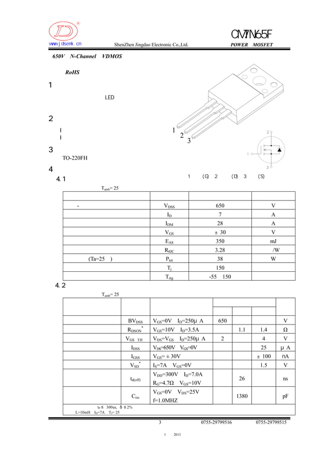 Original N-Channel Mosfet 7N65 CM7N65F 650V 7.4A TO-220F New | PDF