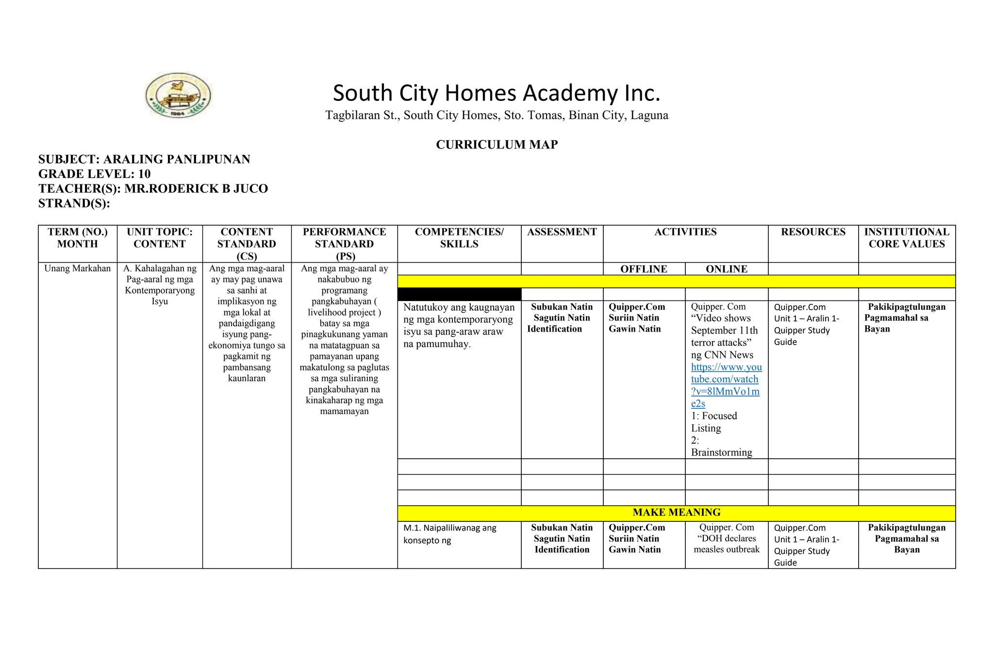 Curriculum map for grade 10 that can be used for lesson plannnig | DOCX
