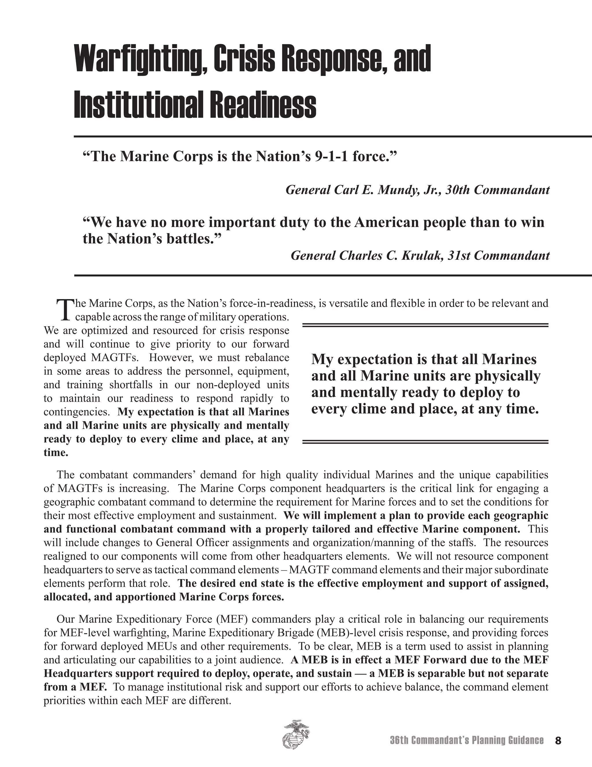 Commanant Marine Corps' Planning 2015 Planning Guidance | PDF