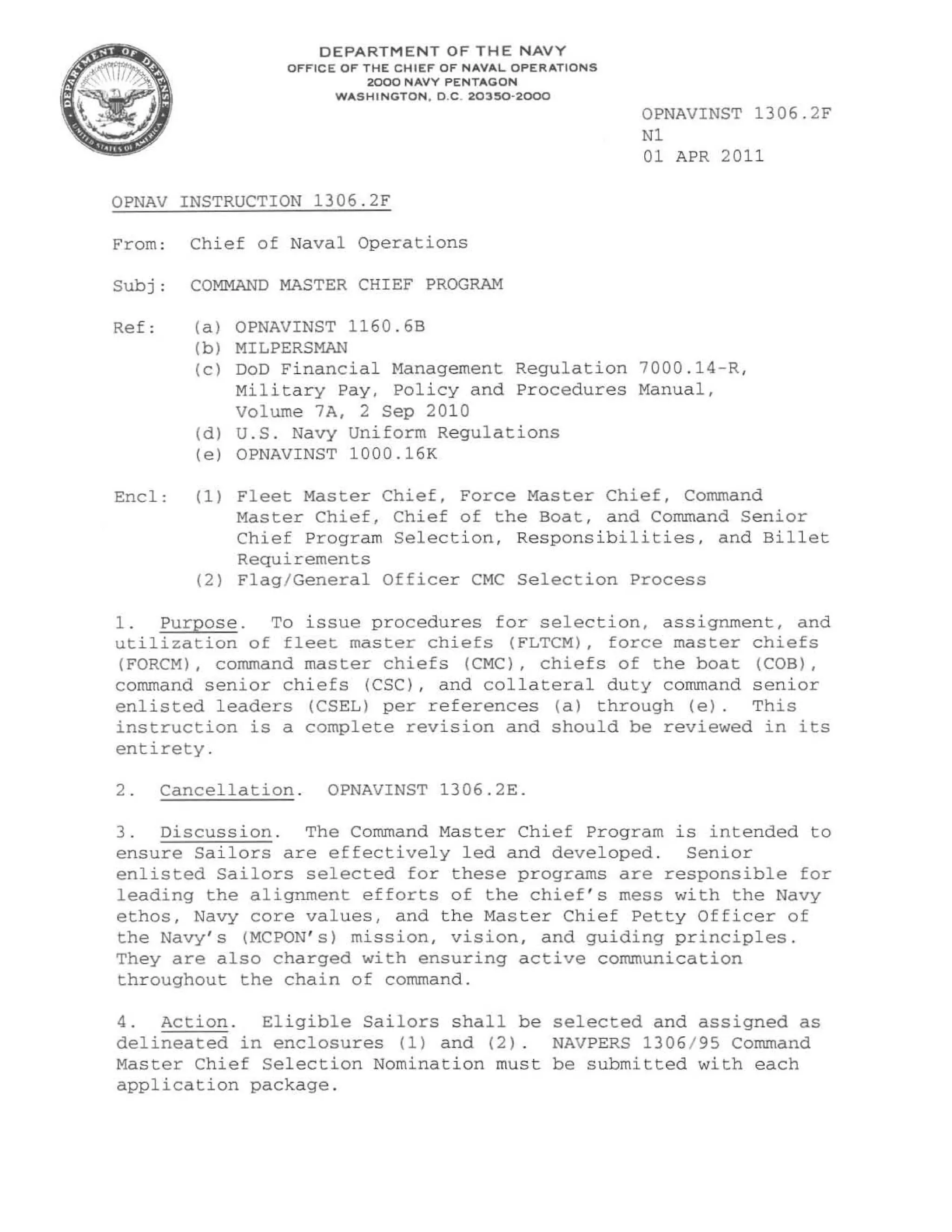 CMC Instruction OPNAVINST1306.2F (1Apr2011) | PDF