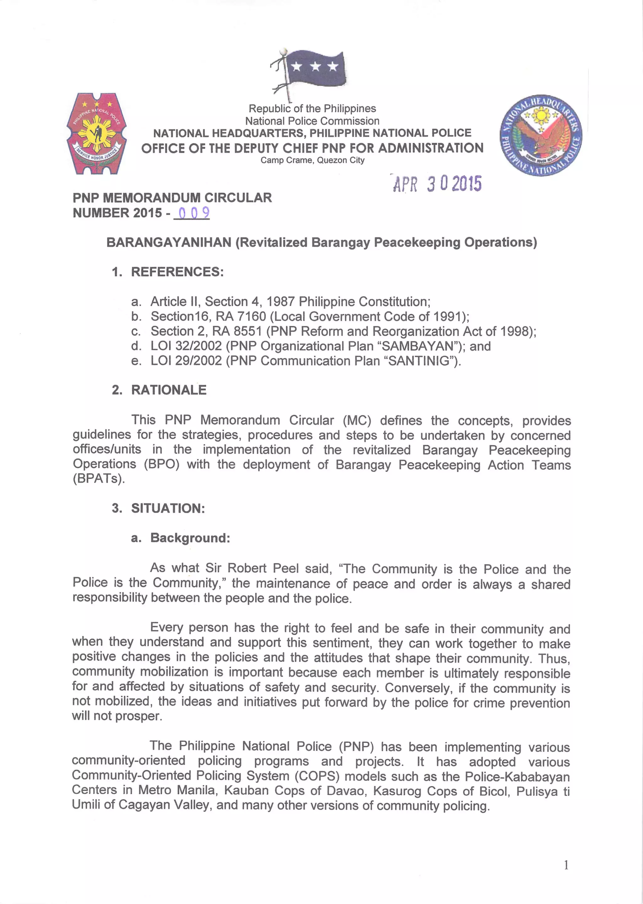 PNP MC 2015-009 - REVITALIZED BARANGAY PEACEKEEPING OPERATIONS | PDF