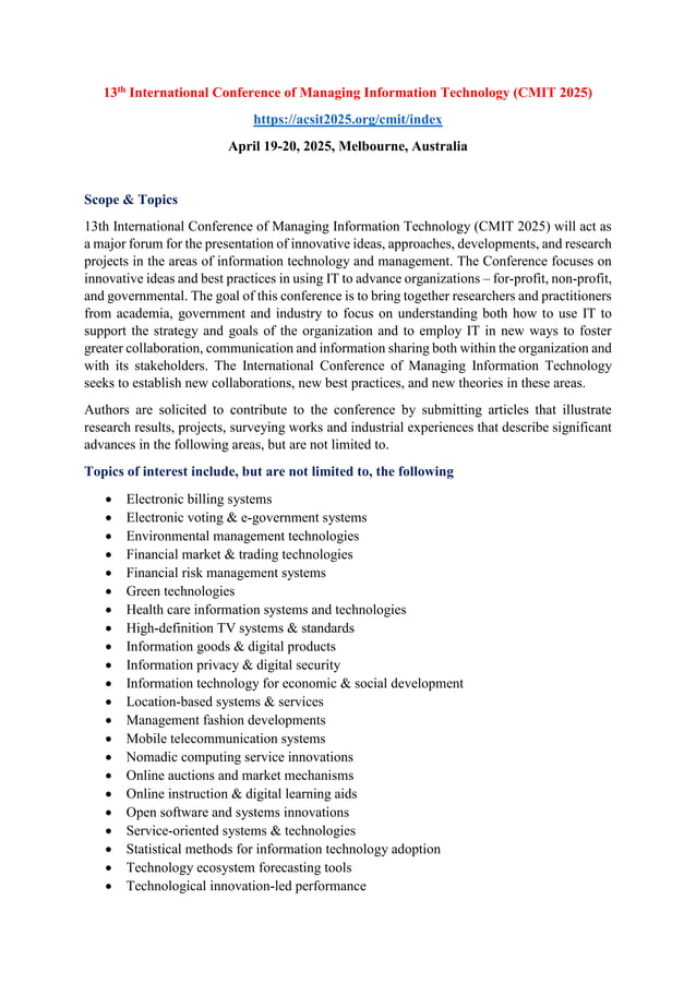 13th International Conference of Managing Information Technology (CMIT 2025) | PDF