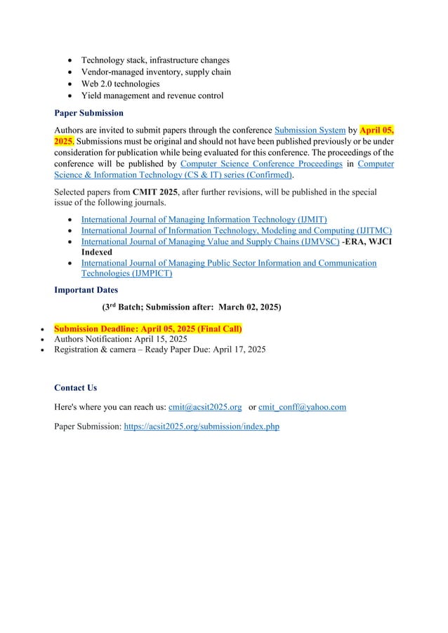 13th International Conference of Managing Information Technology (CMIT 2025) | PDF