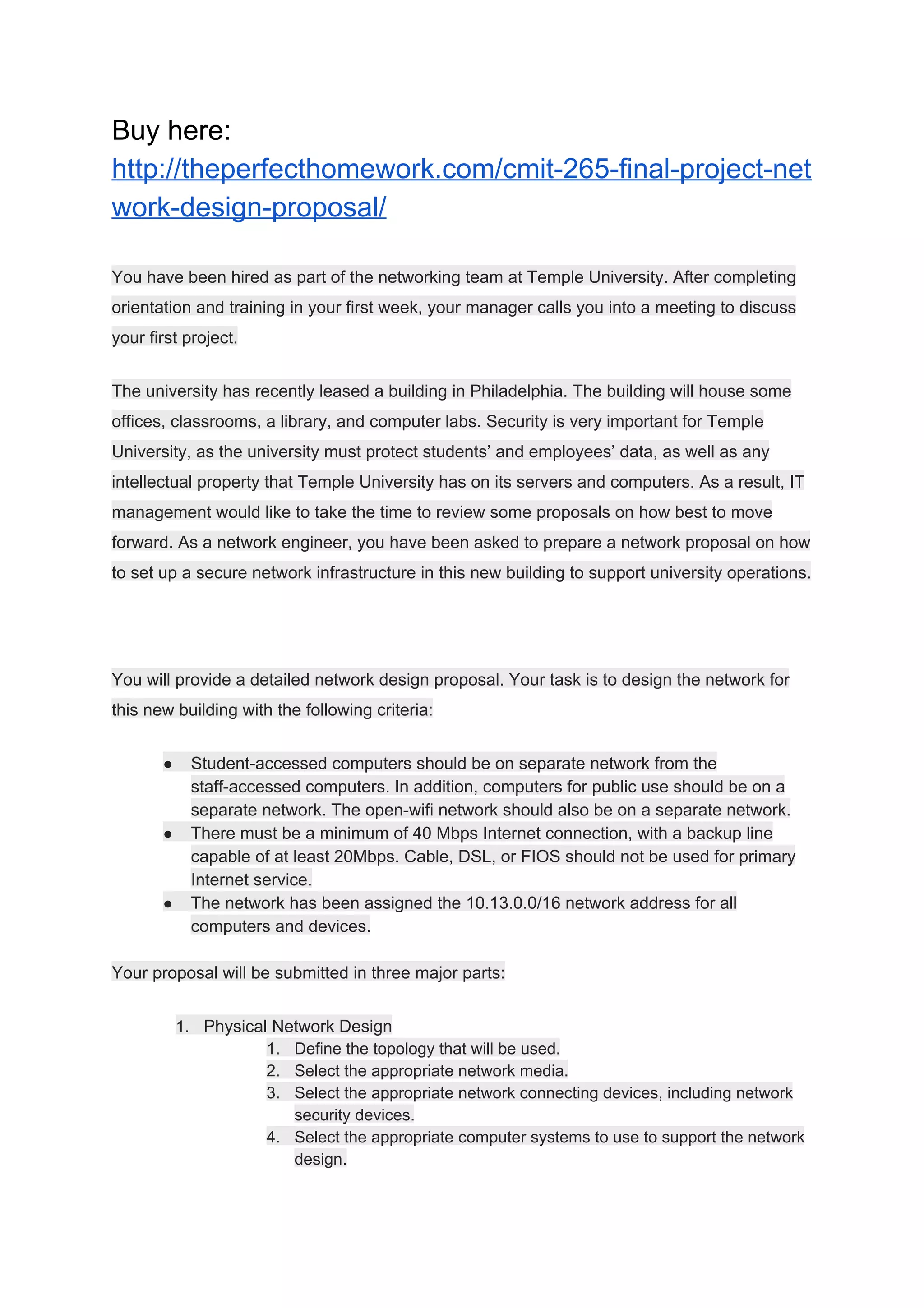 CMIT/265 FINAL PROJECT NETWORK DESIGN PROPOSAL | PDF