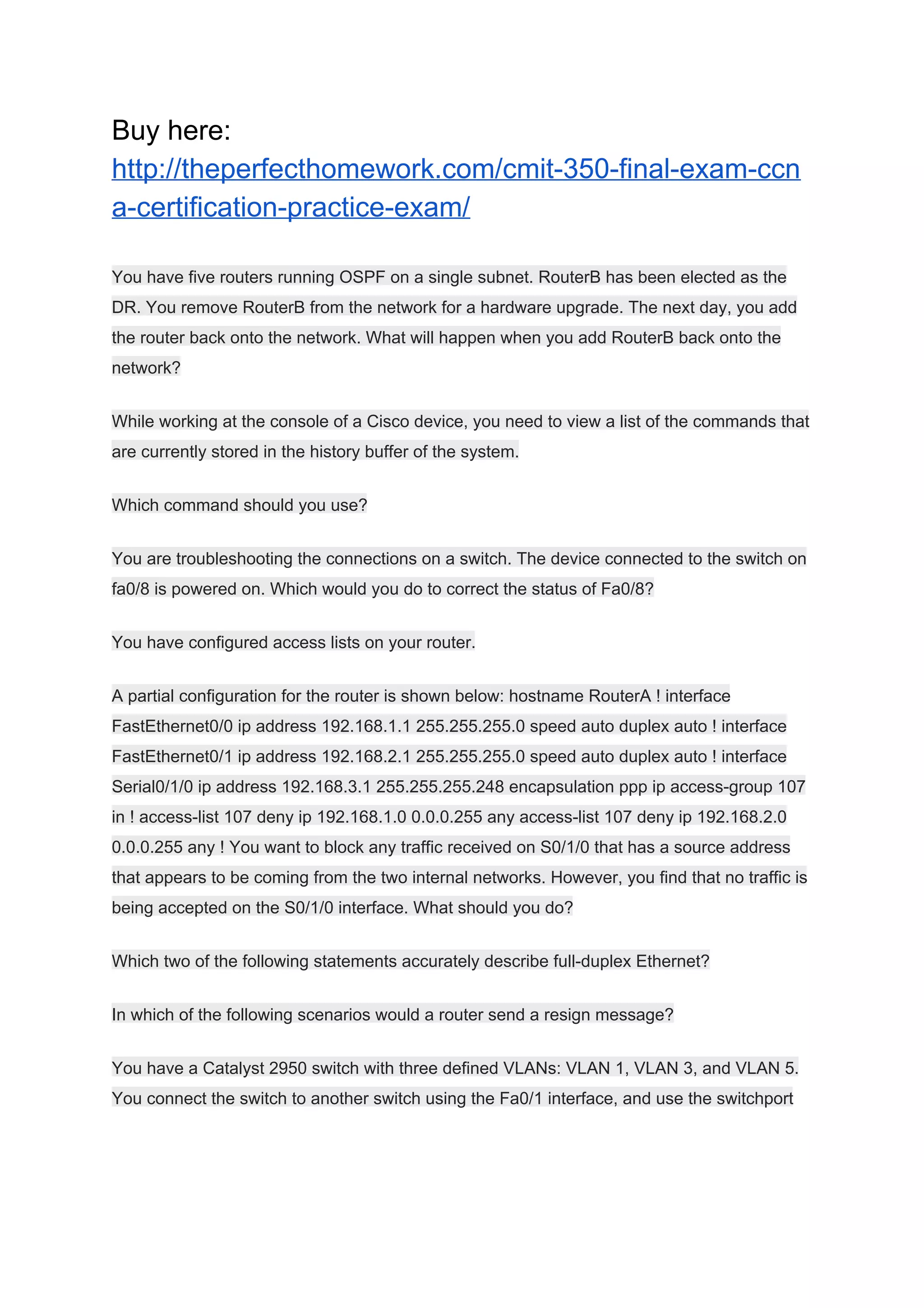 CMIT 350 FINAL EXAM CCNA CERTIFICATION PRACTICE EXAM | PDF