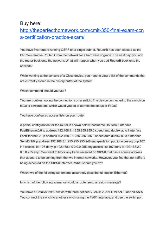 CMIT 350 FINAL EXAM CCNA CERTIFICATION PRACTICE EXAM | PDF