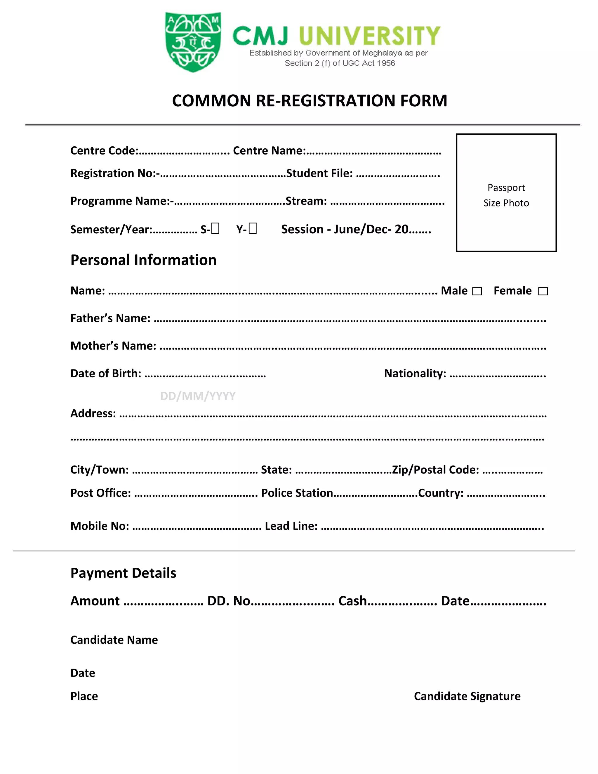 Cmj re reg form-sd admission solution | PDF