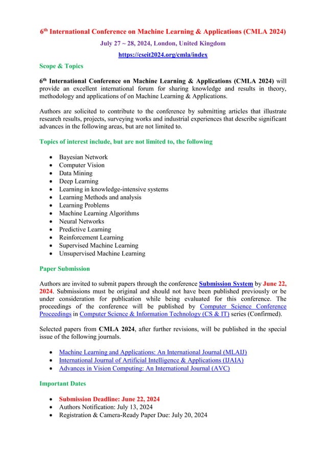 6th International Conference on Machine Learning & Applications (CMLA ...
