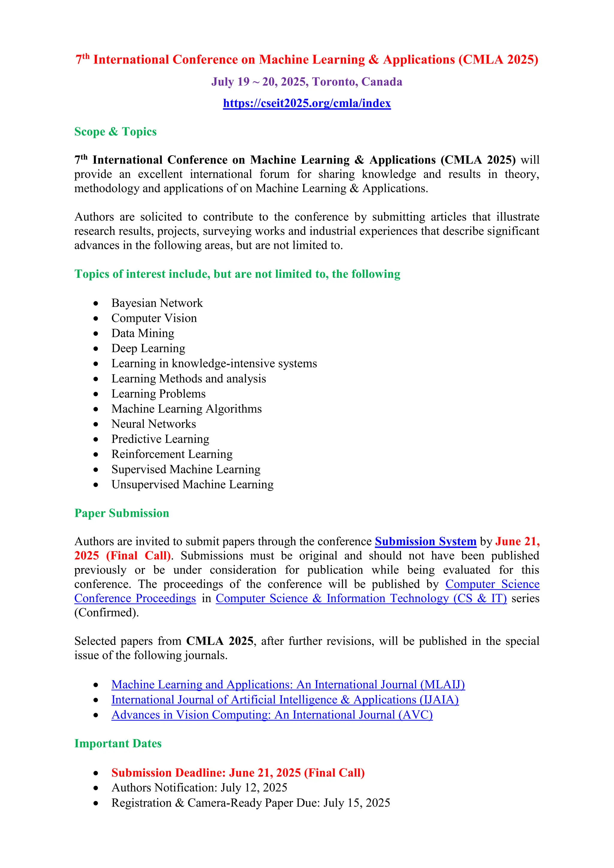 7th International Conference on Machine Learning & Applications (CMLA ...