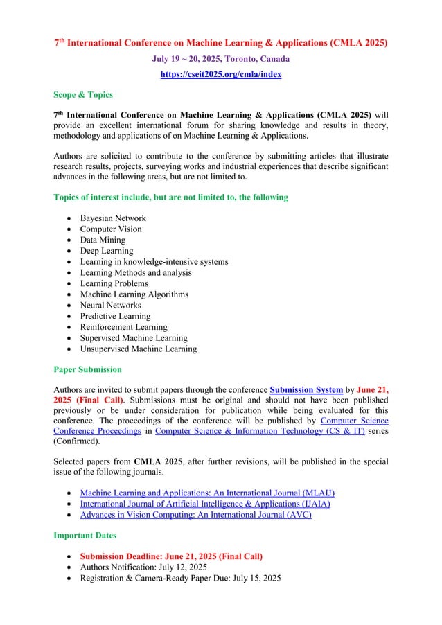 7th International Conference on Machine Learning & Applications (CMLA ...