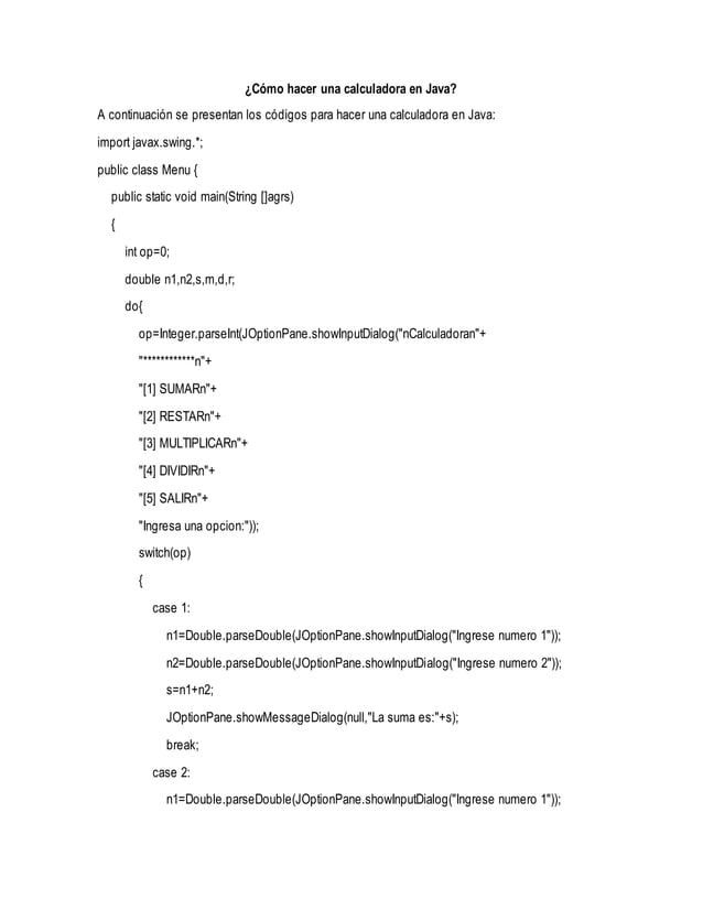 Cómo Hacer Una Calculadora En Java Pdf