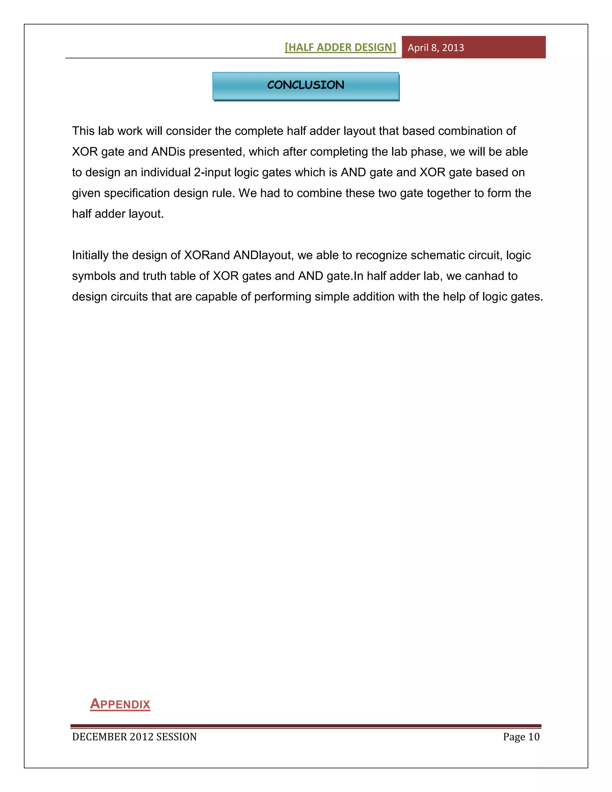 Half adder layout design | DOCX