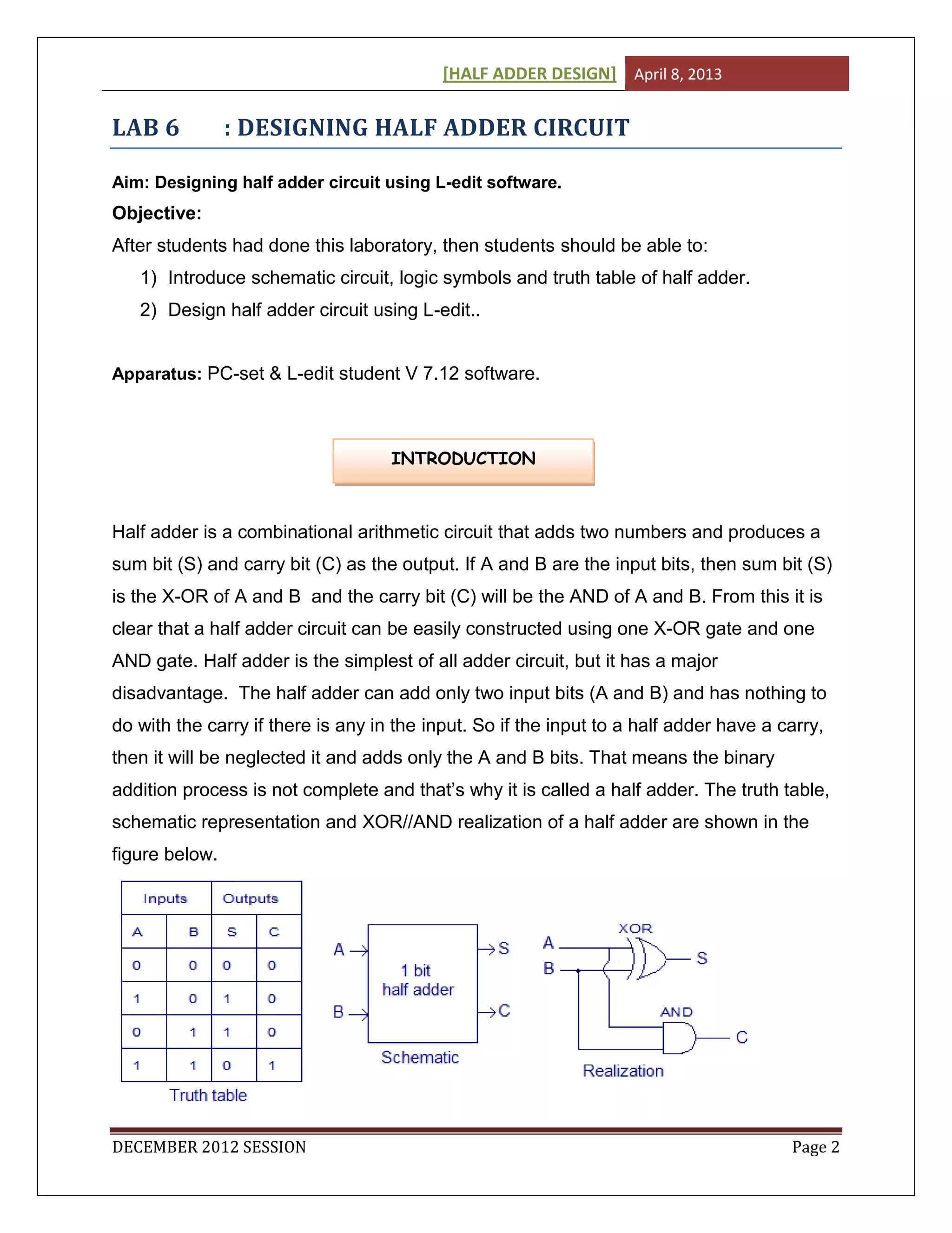 Half adder layout design | DOCX