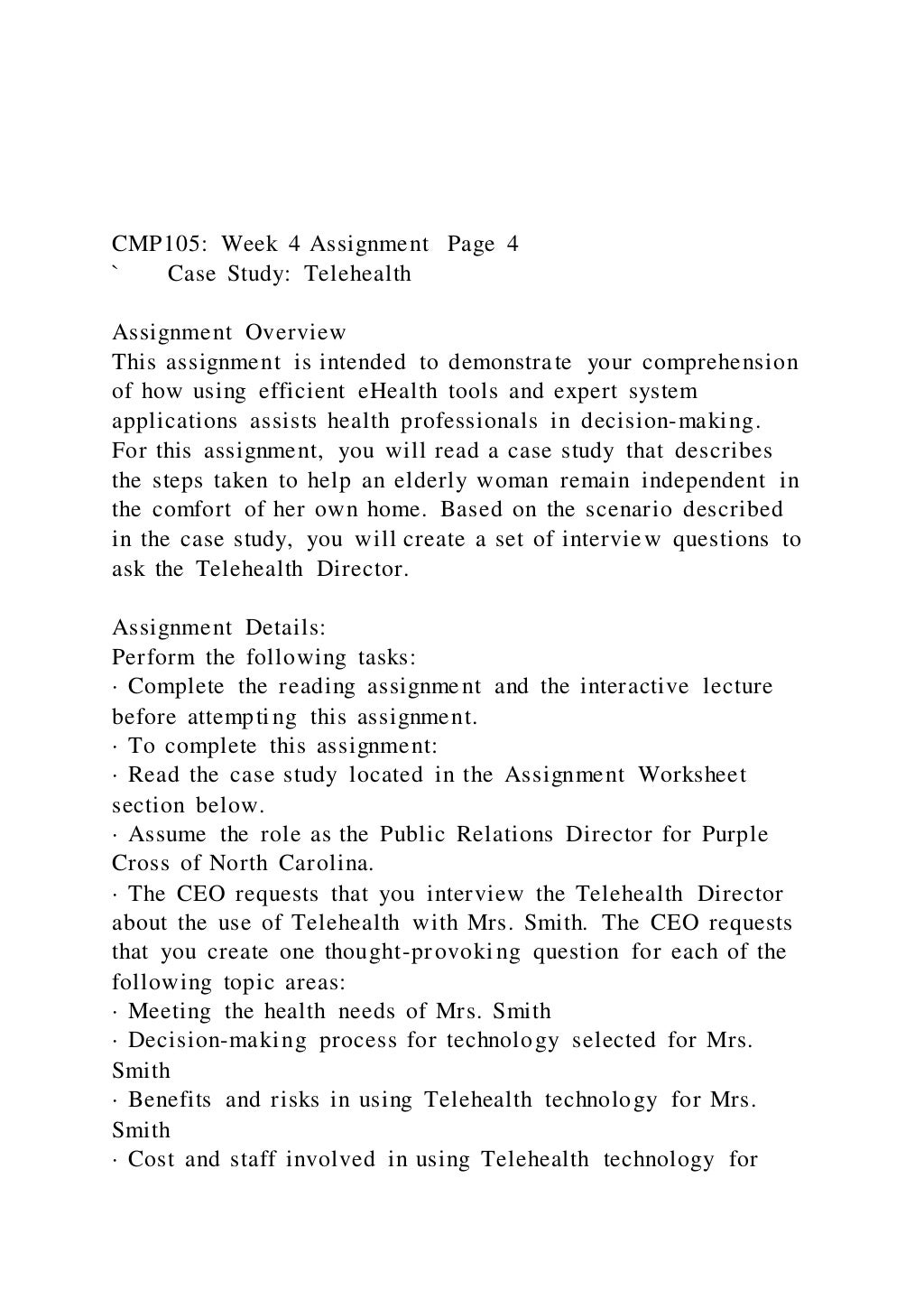 CMP105 Week 4 Assignment Page 4`Case Study Telehealth | PDF