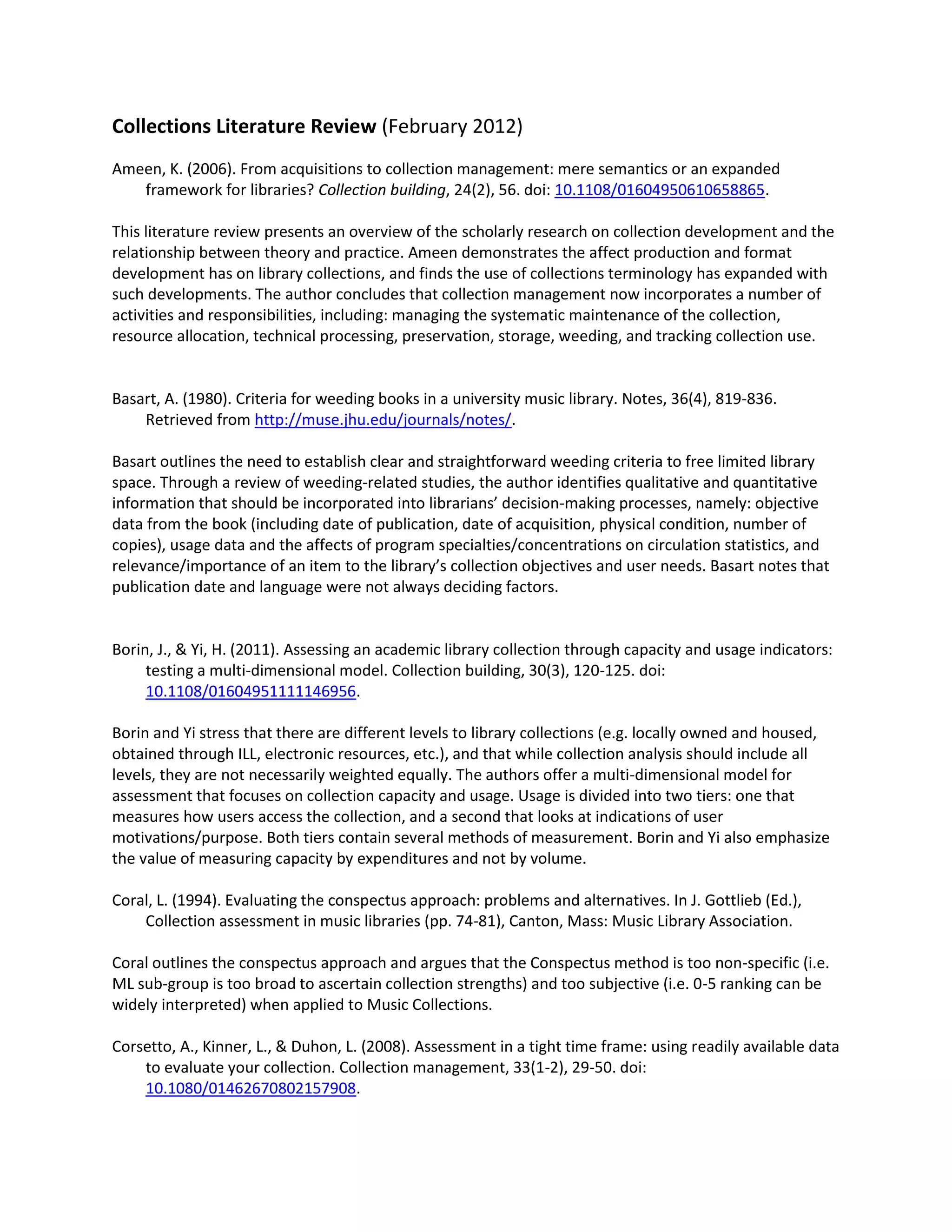 Collections Management & Planning Pilot Project: Literature Review ...