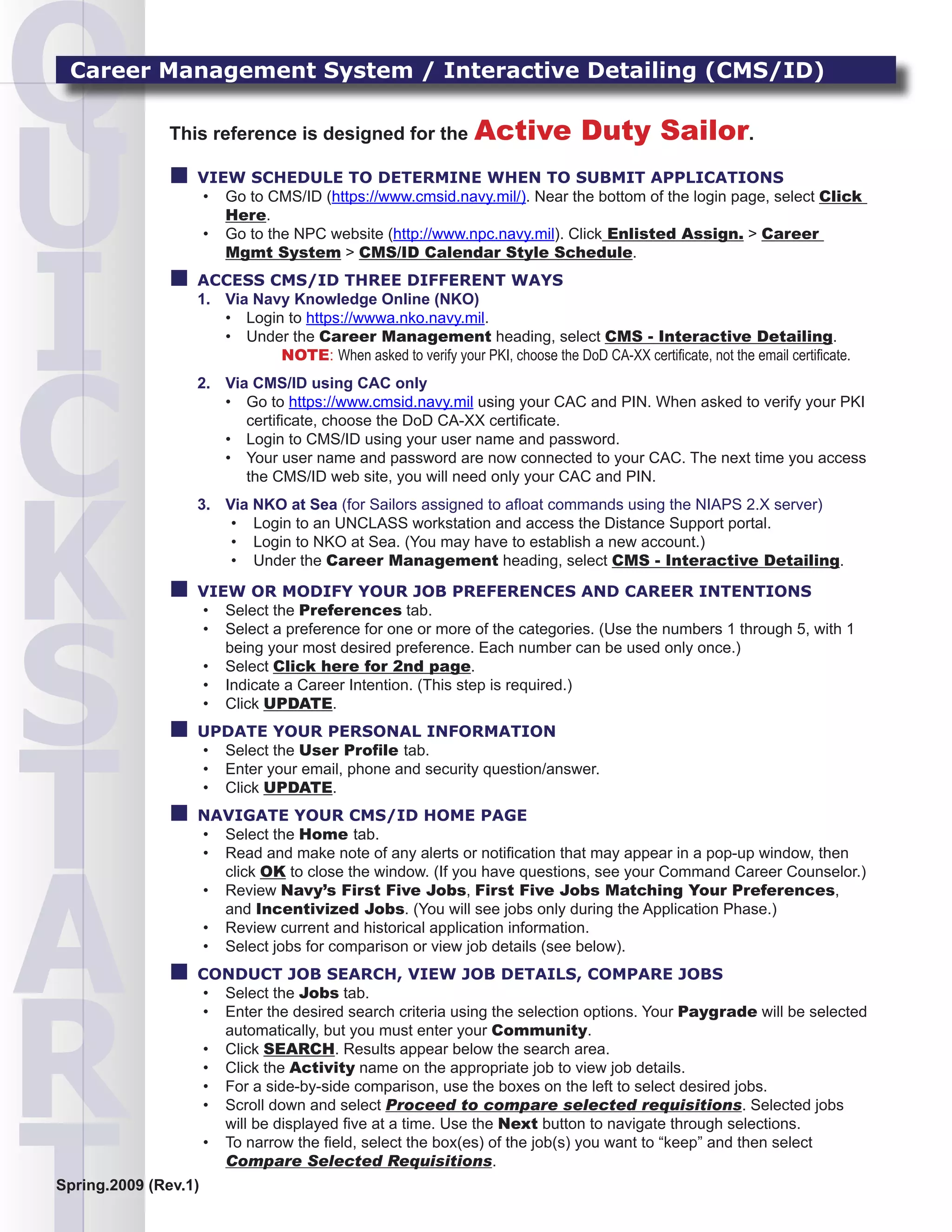 Cms id quick start for active sailor (spring09) rev 1 | PDF